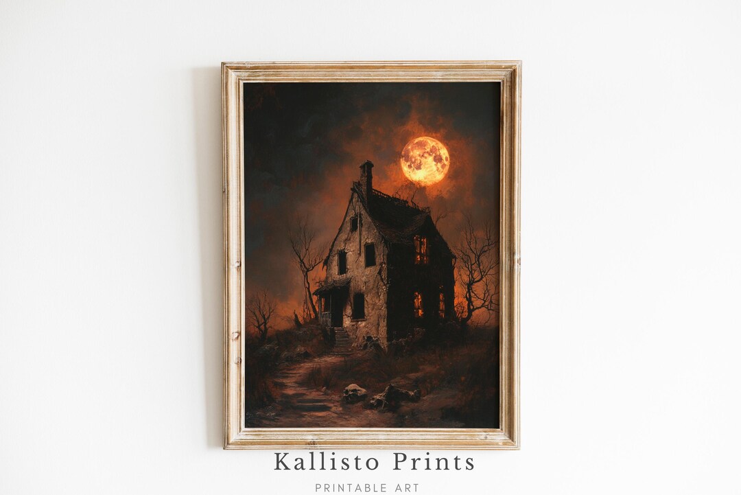 Haunted House Blood Moon Print | Spooky Halloween Wall Decor (digital ...