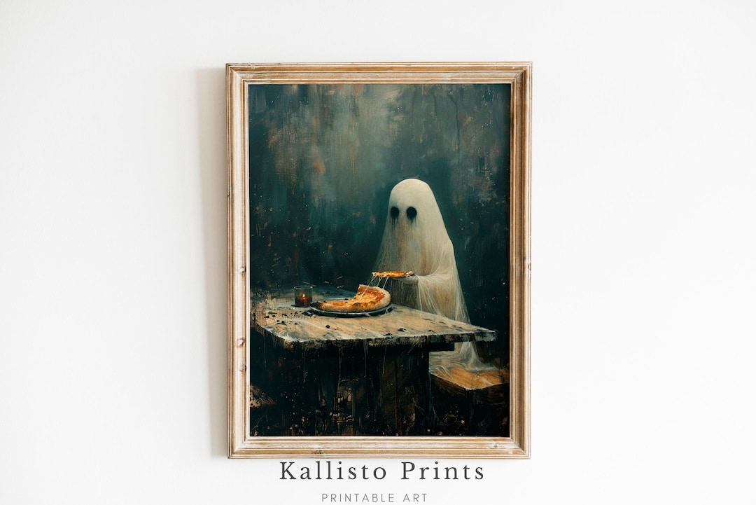 Ghost Eating Pizza Wall Art - Funny Halloween Decor, Spooky Ghost Print ...