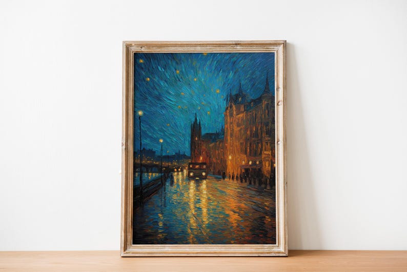 Van Gogh Style London Night Print, Double Decker Bus Art, Rainy Street ...