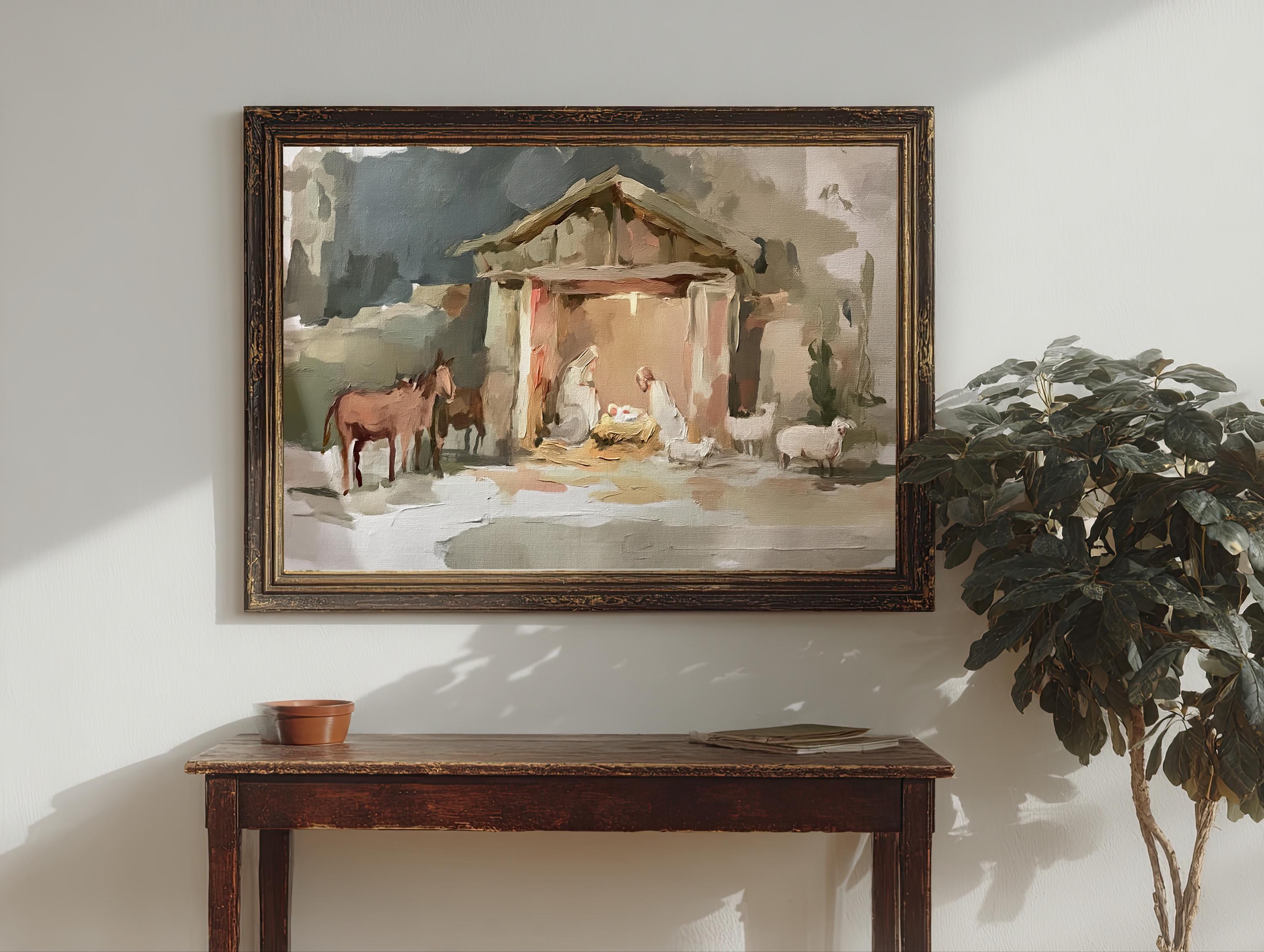Minimalist Nativity Scene Art Print, Abstract Christmas Manger Painting ...