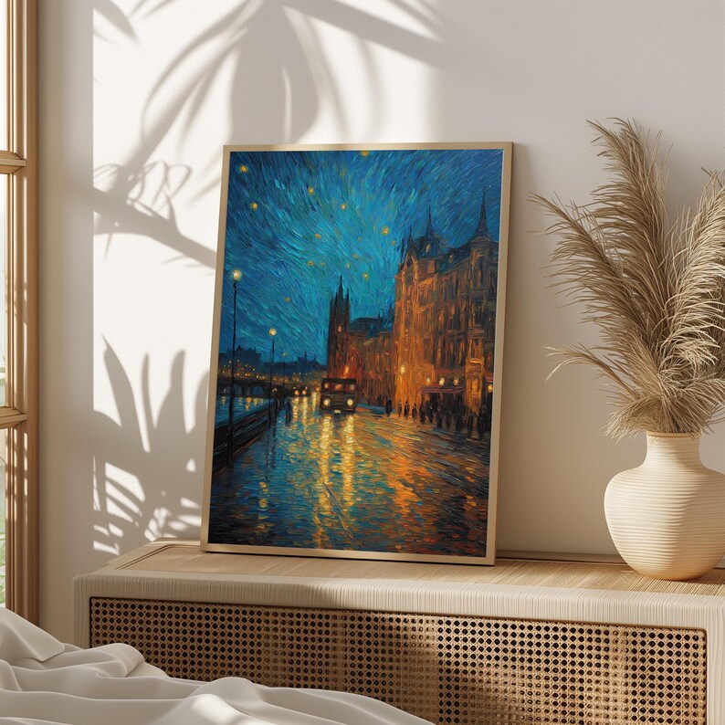 Van Gogh Style London Night Print, Double Decker Bus Art, Rainy Street ...