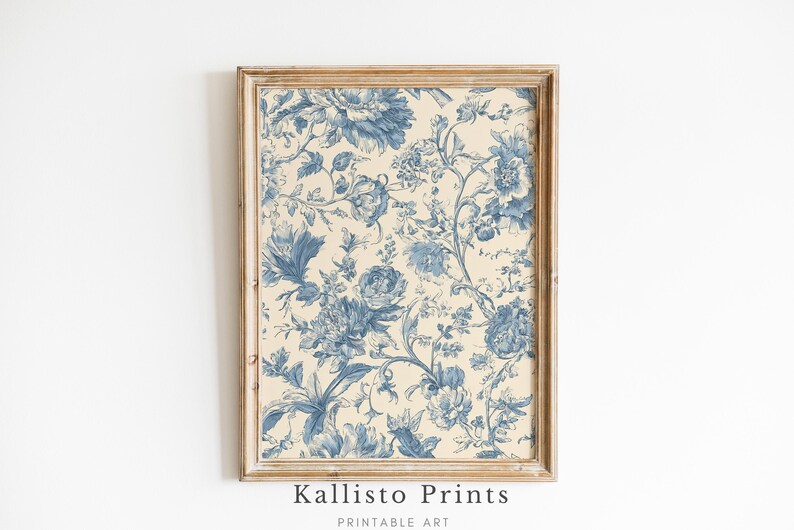 Blue Toile Floral Wall Art Download – French Country Botanical Print ...