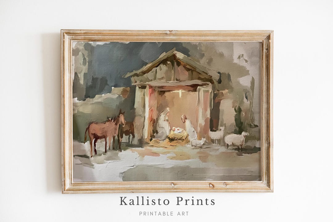 Minimalist Nativity Scene Art Print, Abstract Christmas Manger Painting ...