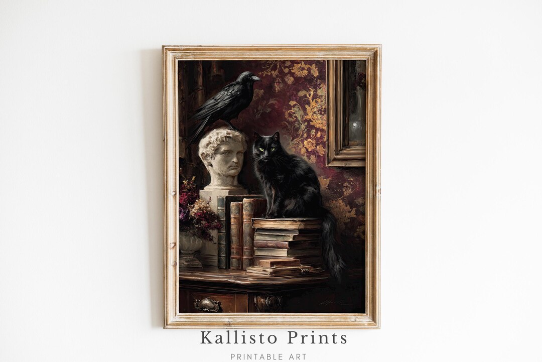 Gothic Black Cat & Raven Print – Dark Academia Still Life (digital ...