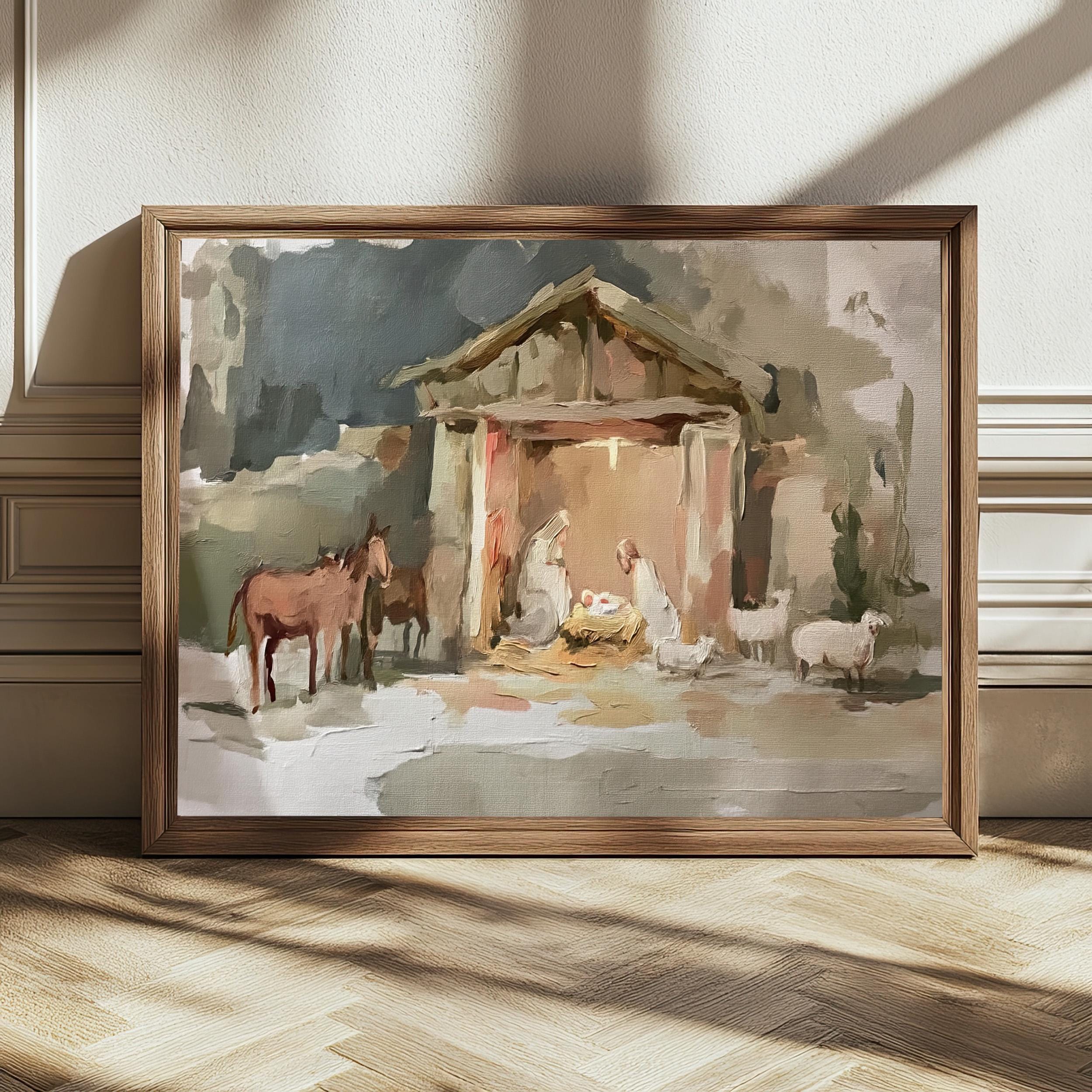 Minimalist Nativity Scene Art Print, Abstract Christmas Manger Painting ...