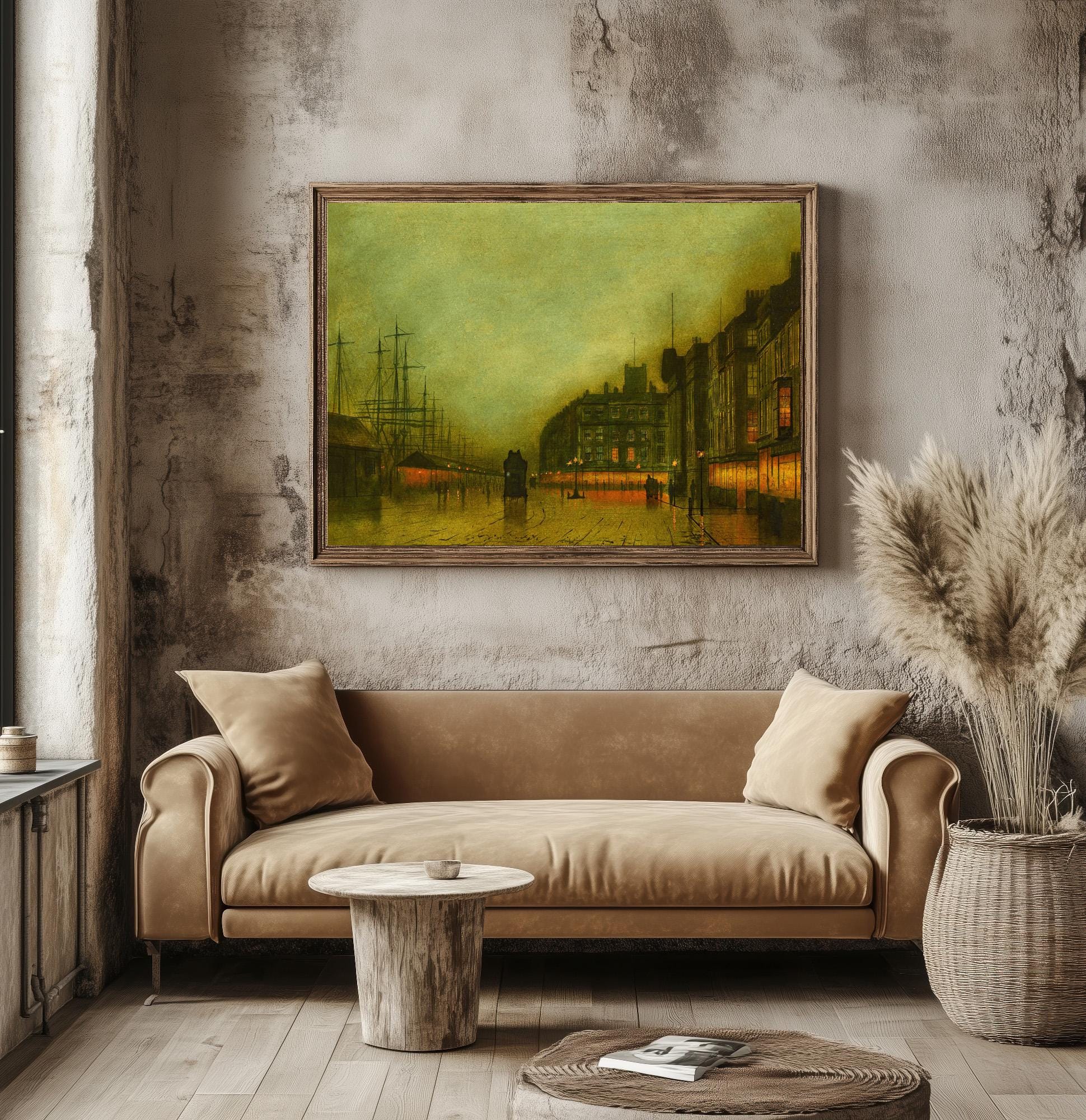 Vintage Harbor Cityscape Printable Art, Moody Dockside Scene at Dusk ...