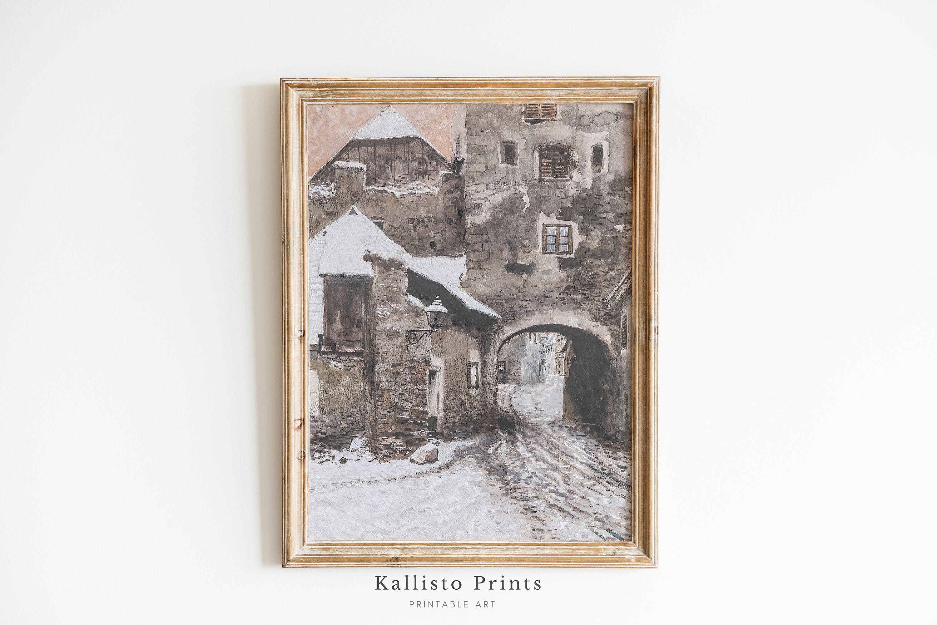 Winter Alleyway Watercolor Printable, Snow-covered European Street Art ...