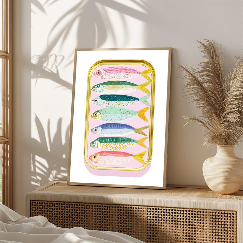 Colorful Sardine Tin Wall Art, Modern Fish Kitchen Print, Retro Seafood ...