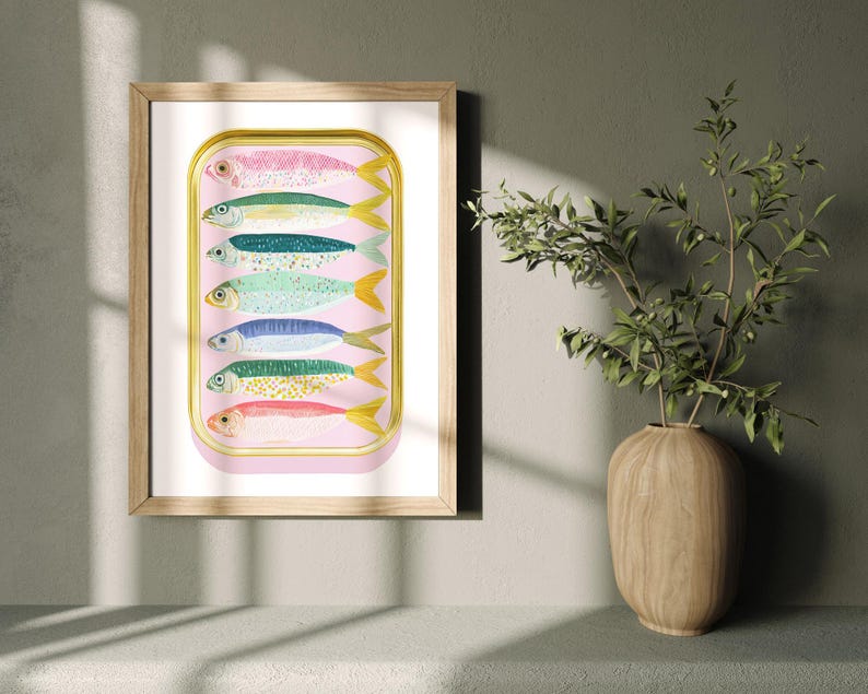 Colorful Sardine Tin Wall Art, Modern Fish Kitchen Print, Retro Seafood ...