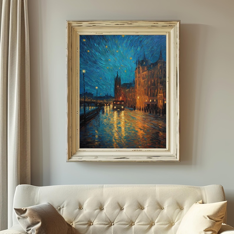 Van Gogh Style London Night Print, Double Decker Bus Art, Rainy Street ...