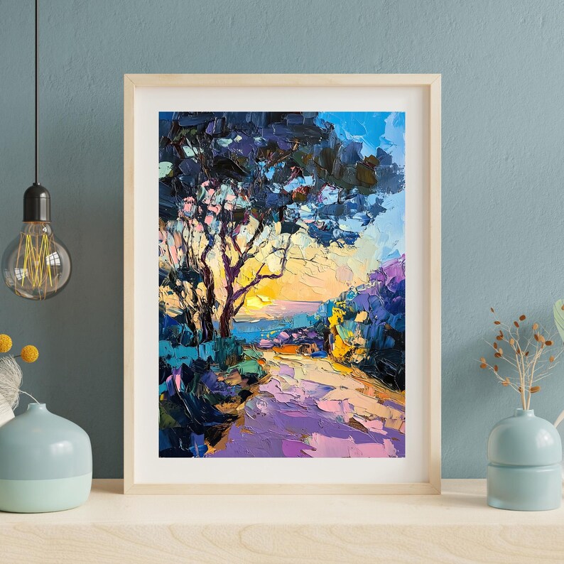 Coastal Sunset Art Print, Palette Knife Impressionist Painting (digital ...