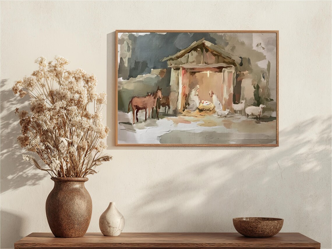 Minimalist Nativity Scene Art Print, Abstract Christmas Manger Painting ...