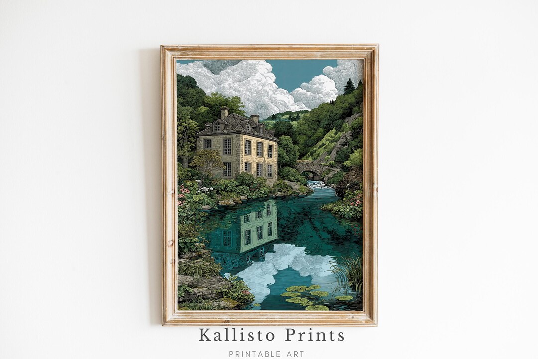 Cottagecore River House Print With Reflections and Lush Garden ...