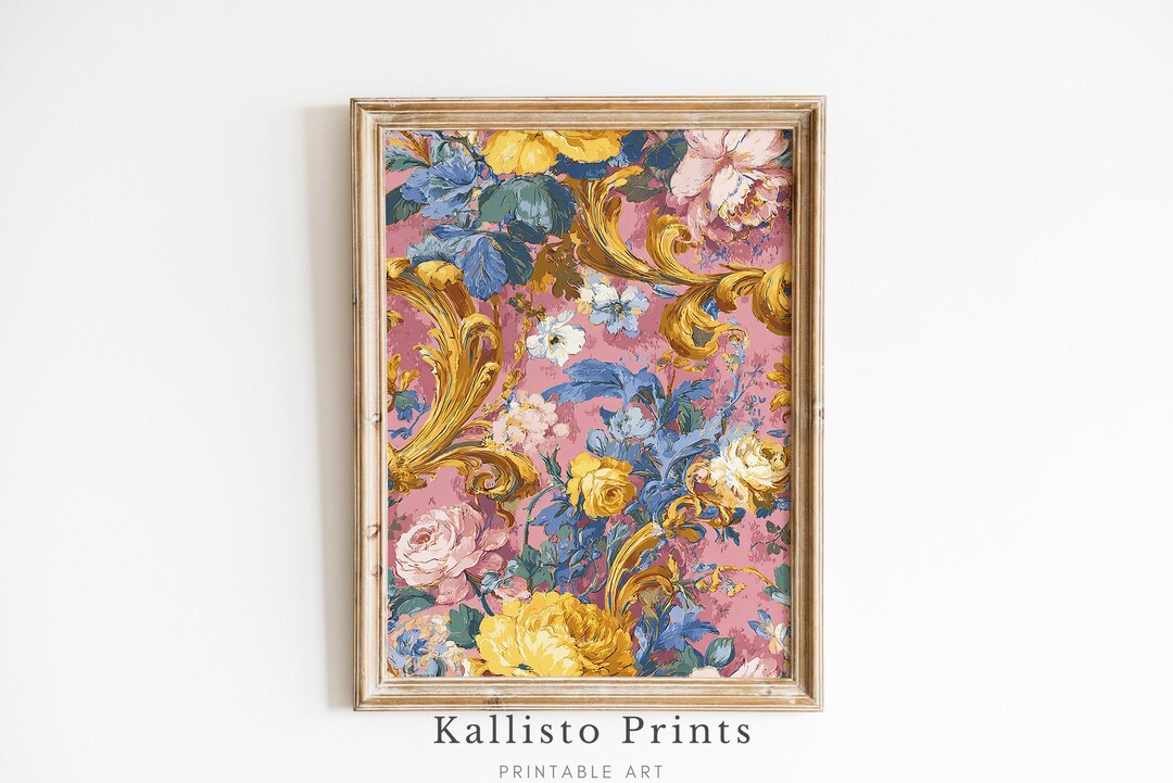 Baroque Floral Printable Wall Art in Gold and Pink – French Vintage ...
