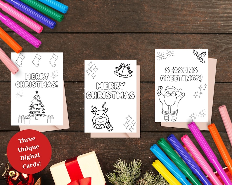 3 PRINTABLE Coloring Holiday Christmas Cards | Three PDF Christmas ...