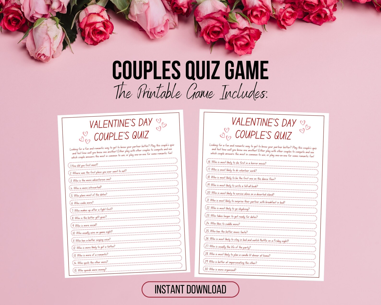 Valentines Day Couples Quiz Game (printable PDF) - Etsy