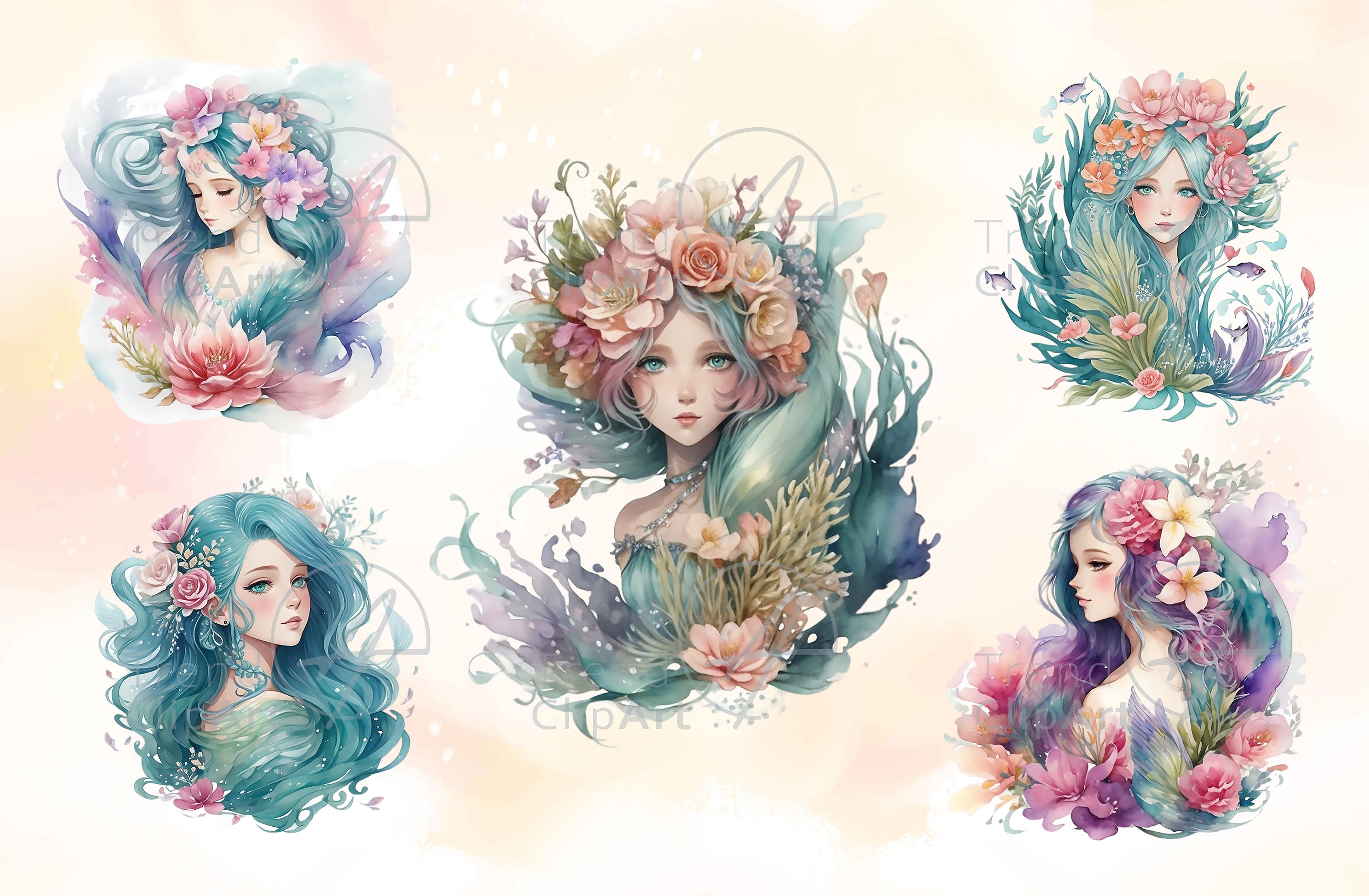 20 Watercolor Magical Mermaid Clipart Bundle, Mystical Clipart, Floral ...