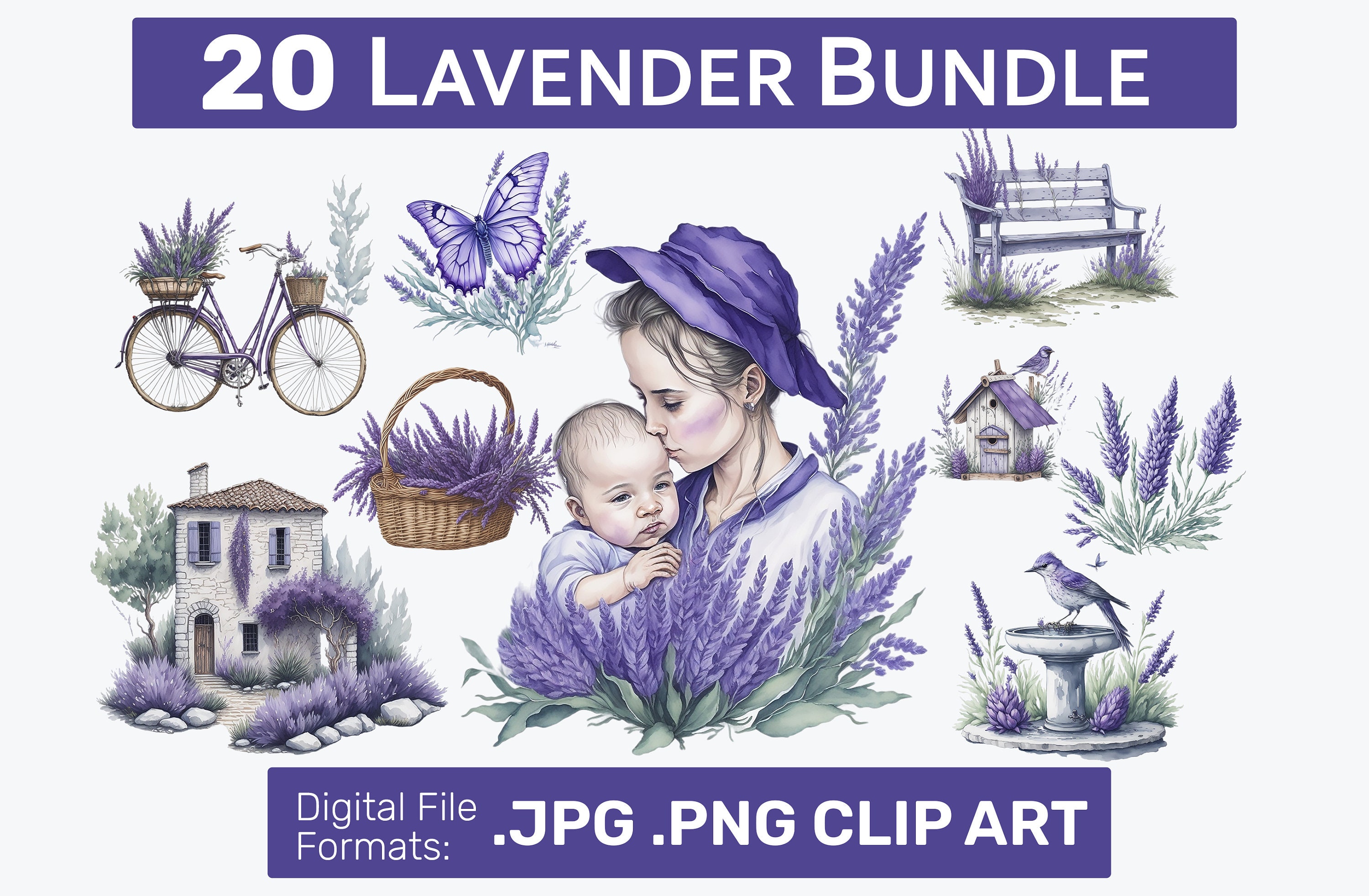 20 Watercolor Lavender Clipart Bundle, Floral Clipart, Purple Flowers ...