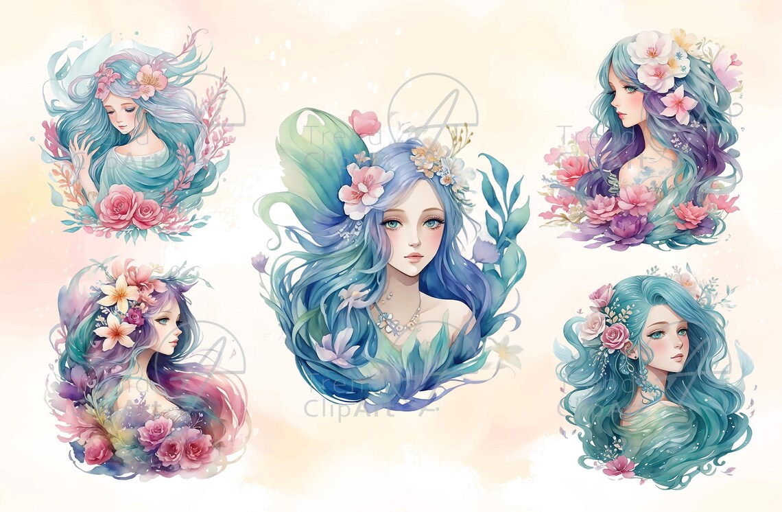 20 Watercolor Magical Mermaid Clipart Bundle, Mystical Clipart, Floral ...