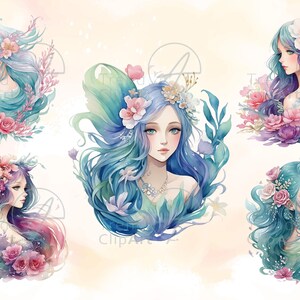 20 Watercolor Magical Mermaid Clipart Bundle, Mystical Clipart, Floral ...