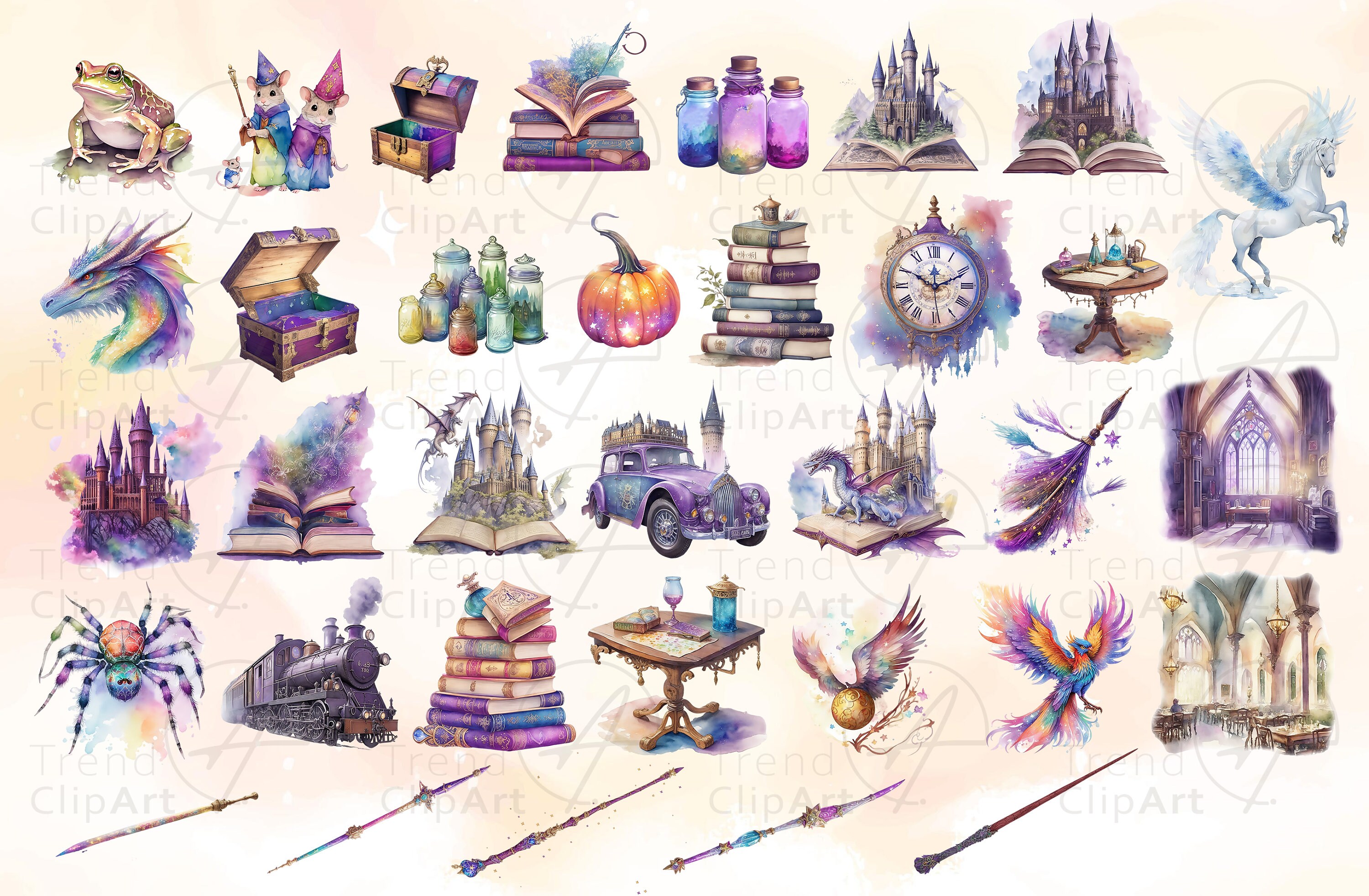 100 Watercolor Wizard School Clipart MEGA Bundle, Magic School Items ...