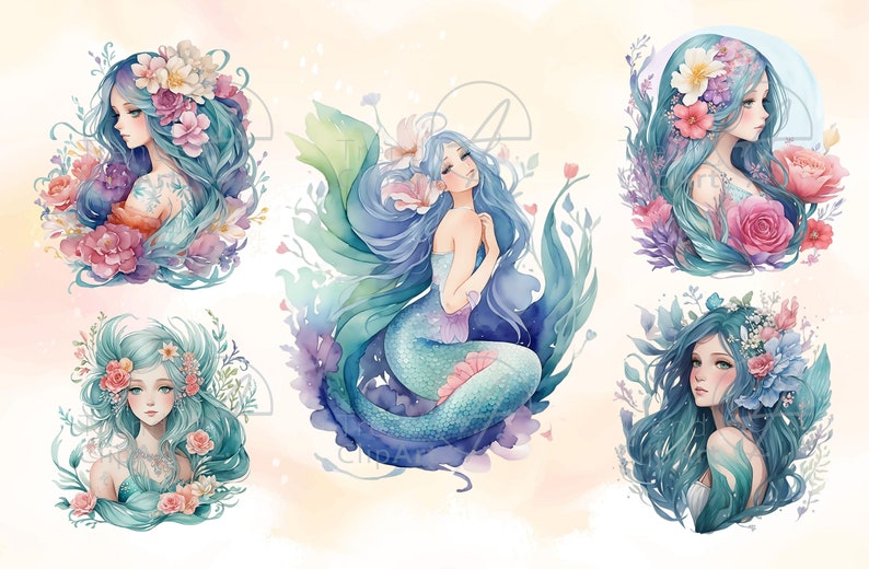 20 Watercolor Magical Mermaid Clipart Bundle, Mystical Clipart, Floral ...