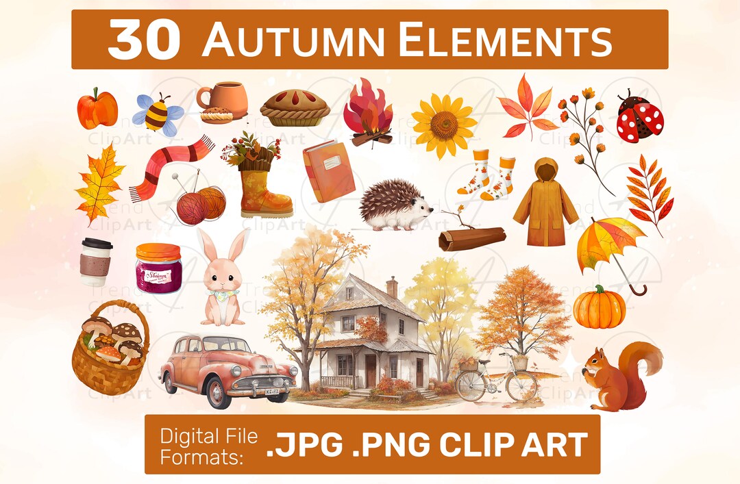 30 Watercolor Autumn Elements Clipart Bundle, Cozy Fall Items, Autumn ...