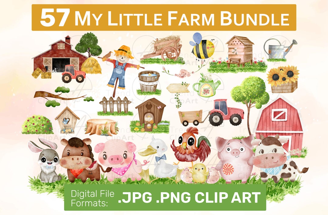 57 Watercolor My Little Farm Clipart Bundle, Cute Farm Elements, Tiny ...