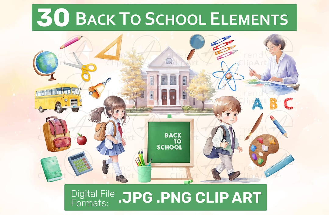 30 Watercolor Back to School Clipart Bundle, School Elements ...