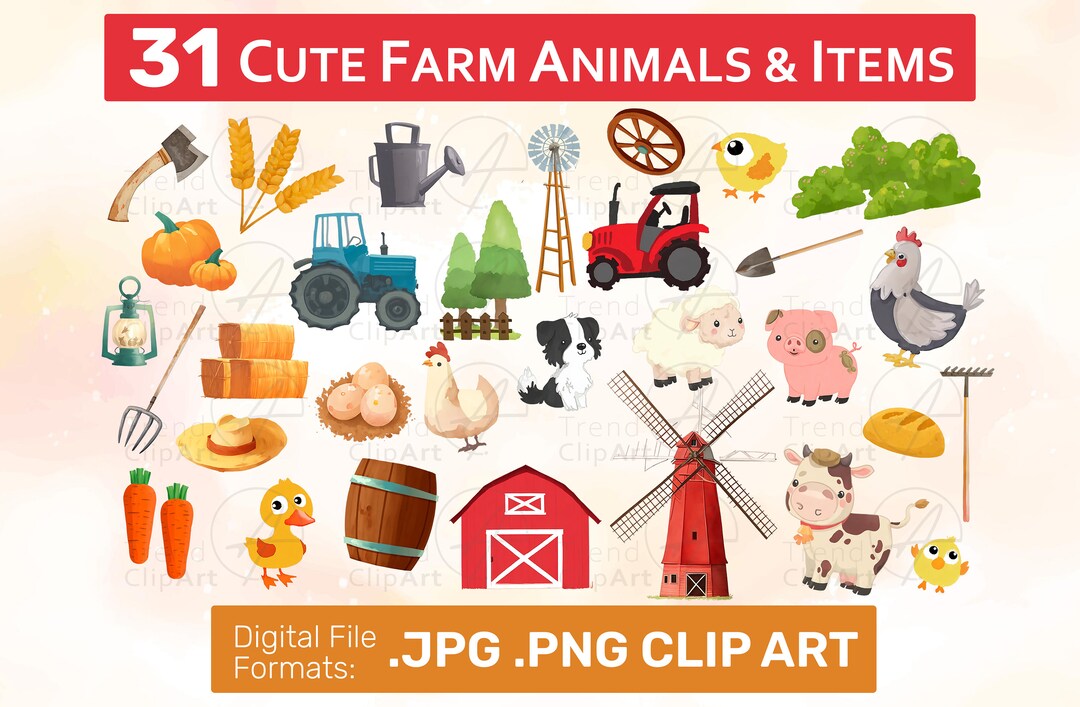 31 Watercolor Cute Farm Clipart Bundle, Cute Farm Items, Cute Farm ...
