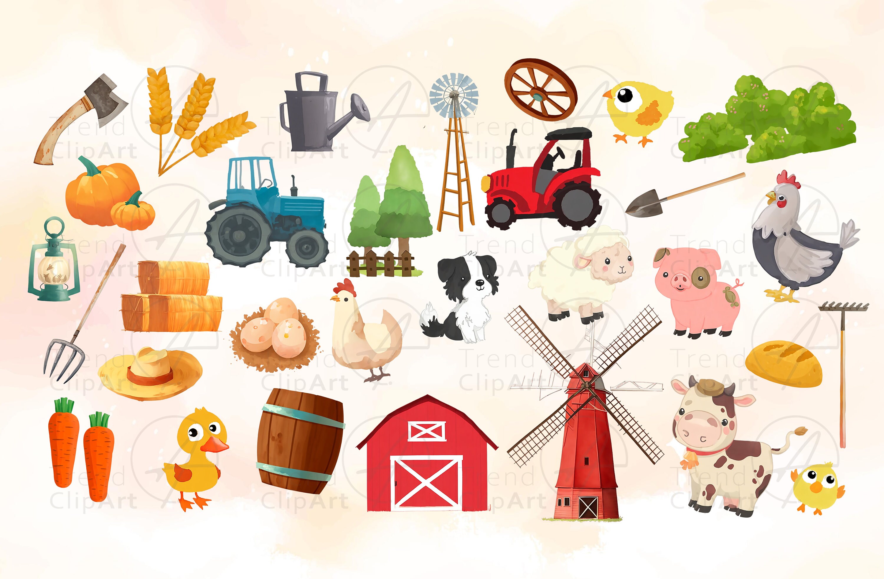 31 Watercolor Cute Farm Clipart Bundle, Cute Farm Items, Cute Farm ...