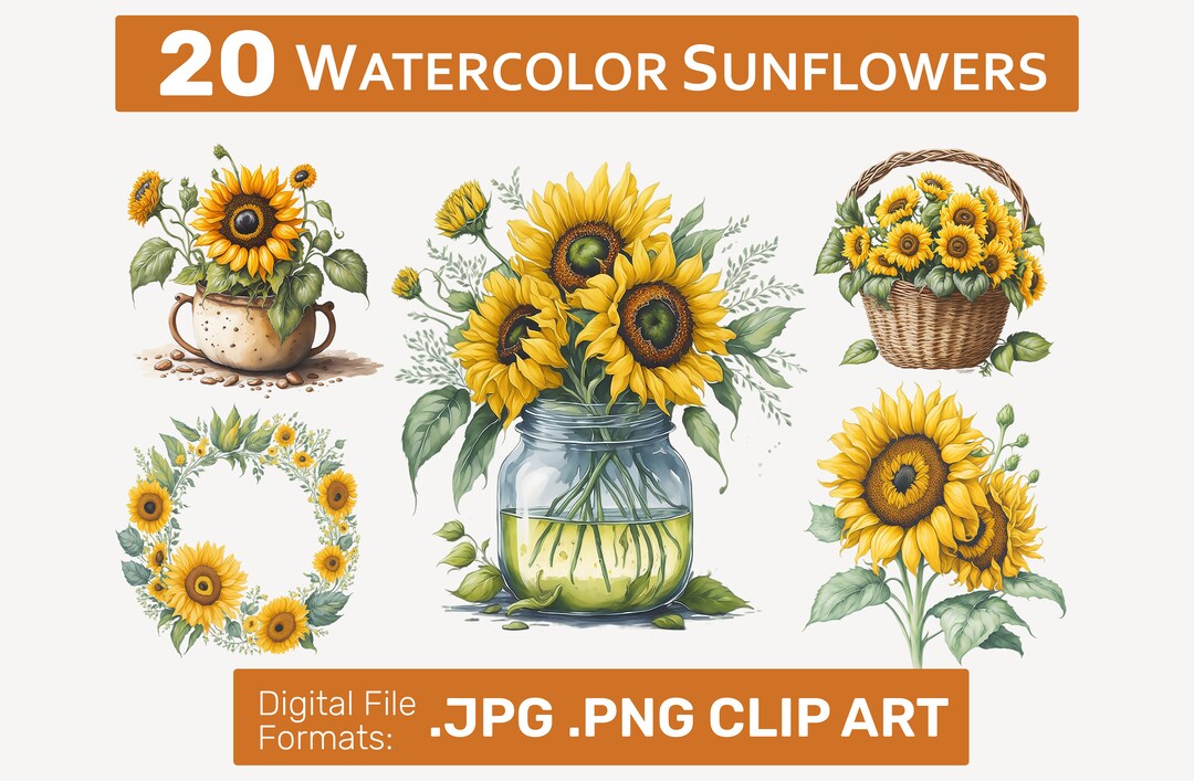 20 Watercolor Sunflowers Clipart Bundle, Sunflower Floral Bouquets ...