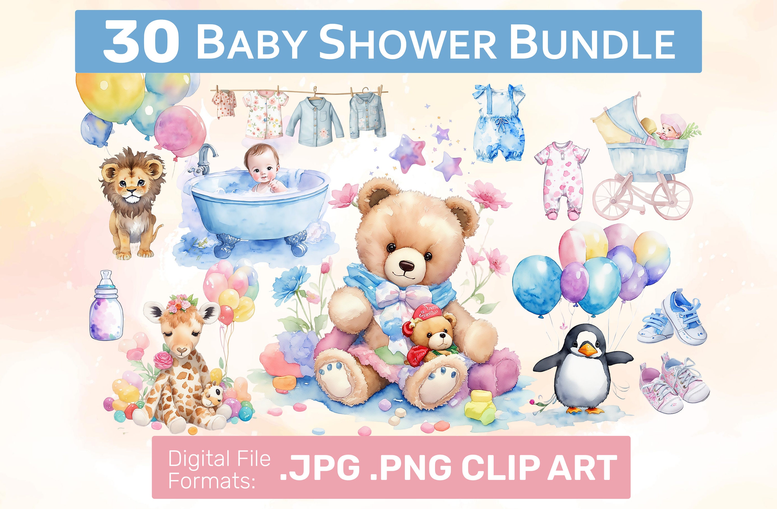 30 Watercolor Baby Shower Clipart Bundle, Baby Boy Girl Clipart, Baby ...