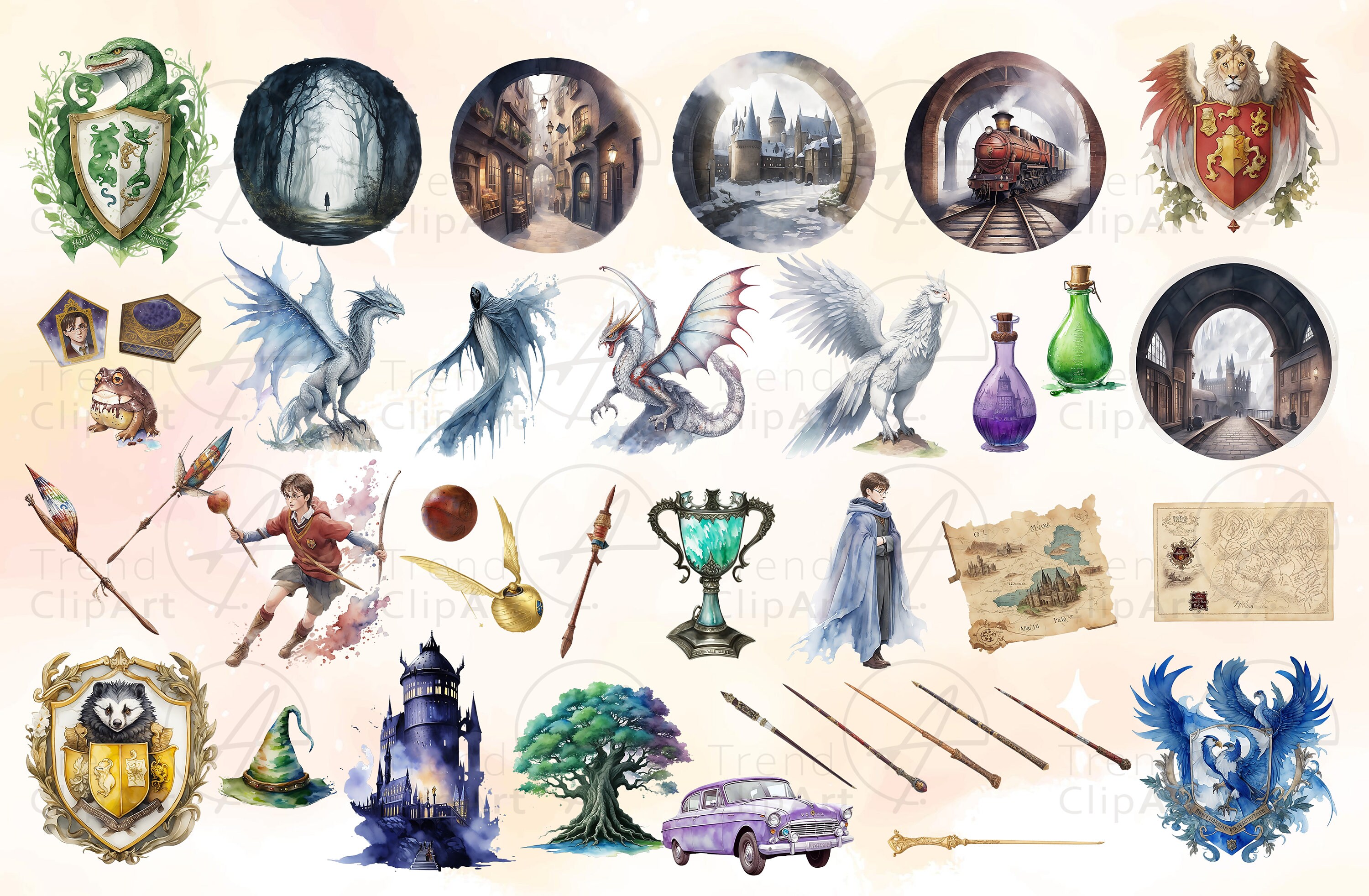 100 Watercolor Wizard School Clipart MEGA Bundle, Magic School Items ...