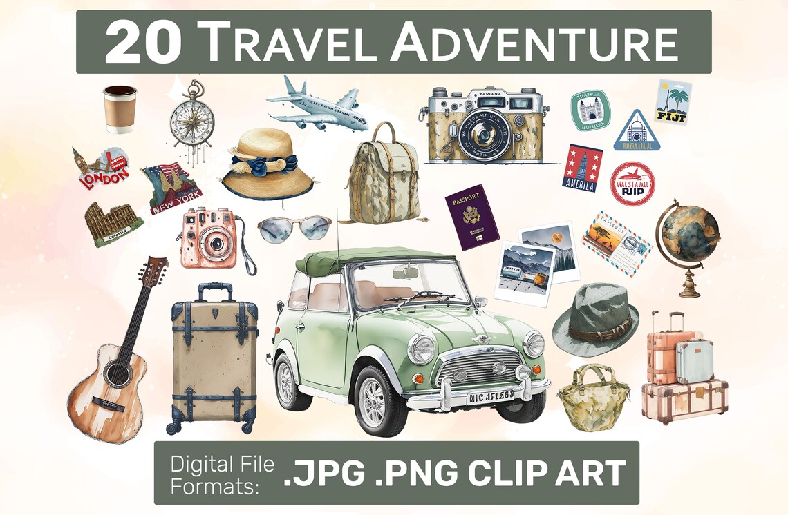 20 Watercolor Travel Clipart Bundle, Summer Clipart, Holiday Clipart ...