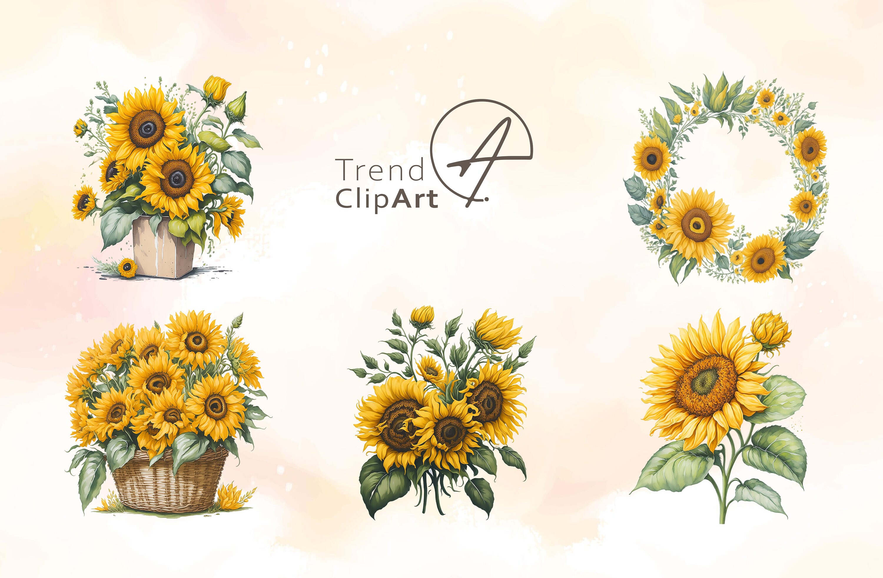 20 Watercolor Sunflowers Clipart Bundle, Sunflower Floral Bouquets ...