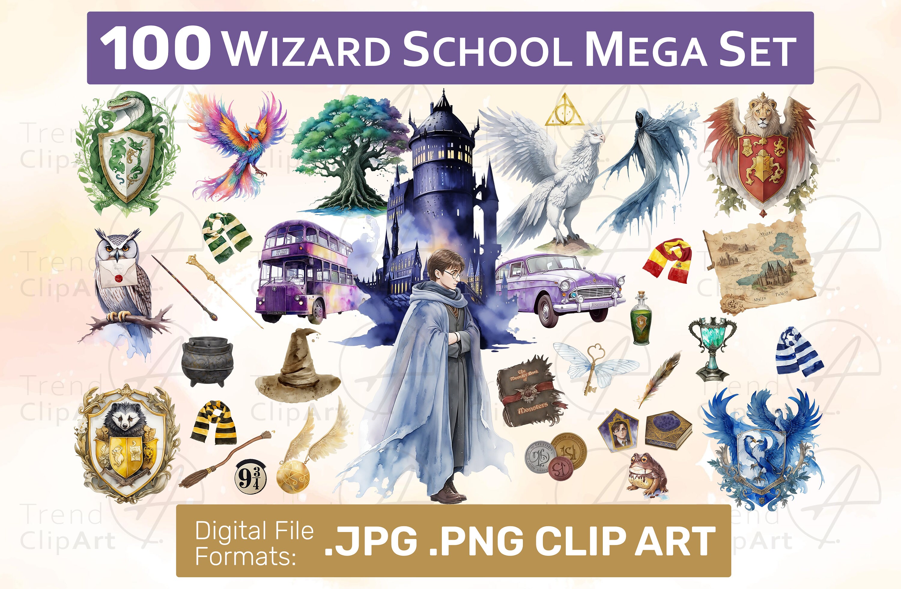 100 Watercolor Wizard School Clipart MEGA Bundle, Magic School Items ...