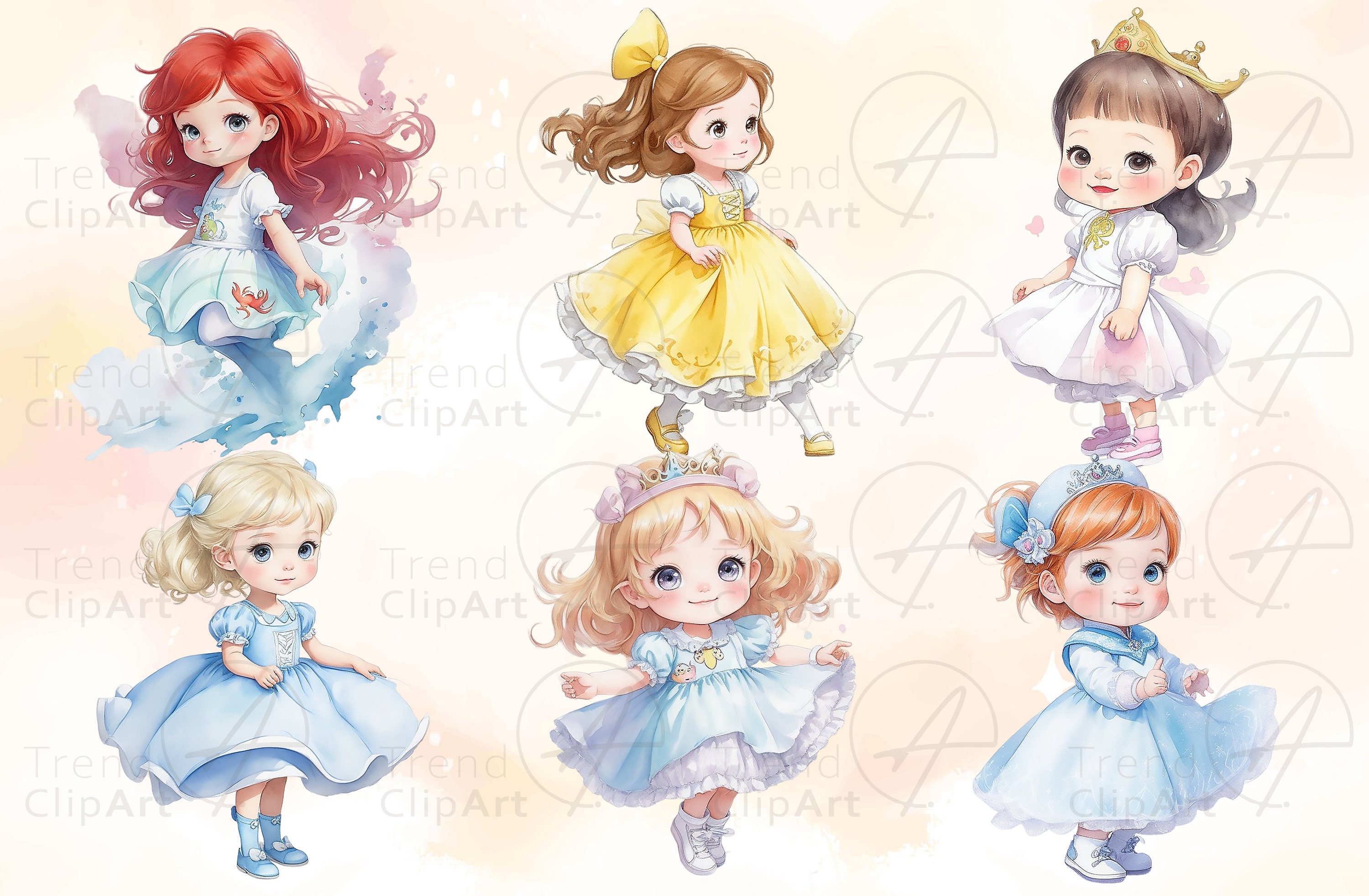 24 Watercolor Toddler Princess Clipart, Baby Princess Clipart, Princess ...