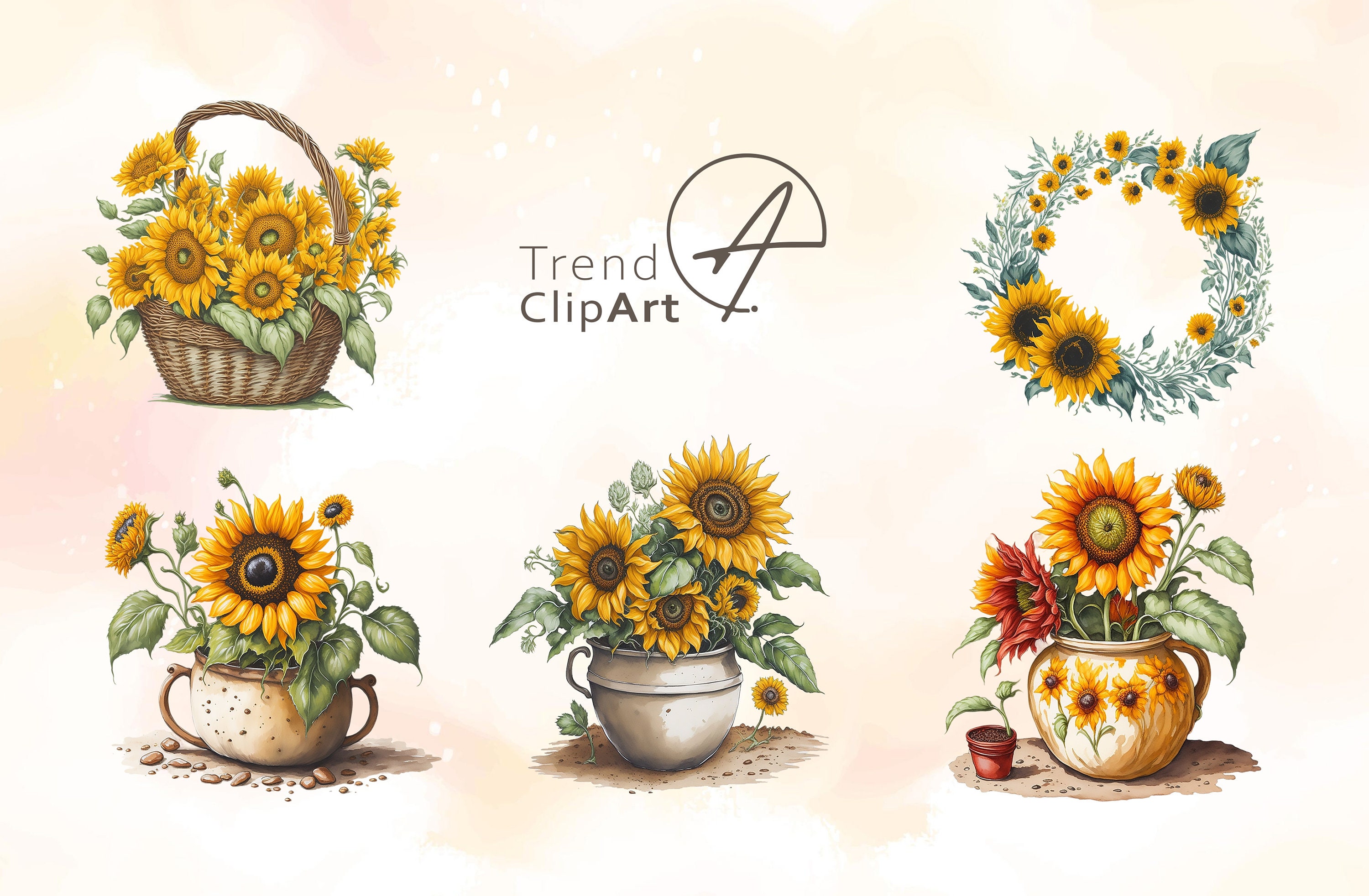 20 Watercolor Sunflowers Clipart Bundle, Sunflower Floral Bouquets ...