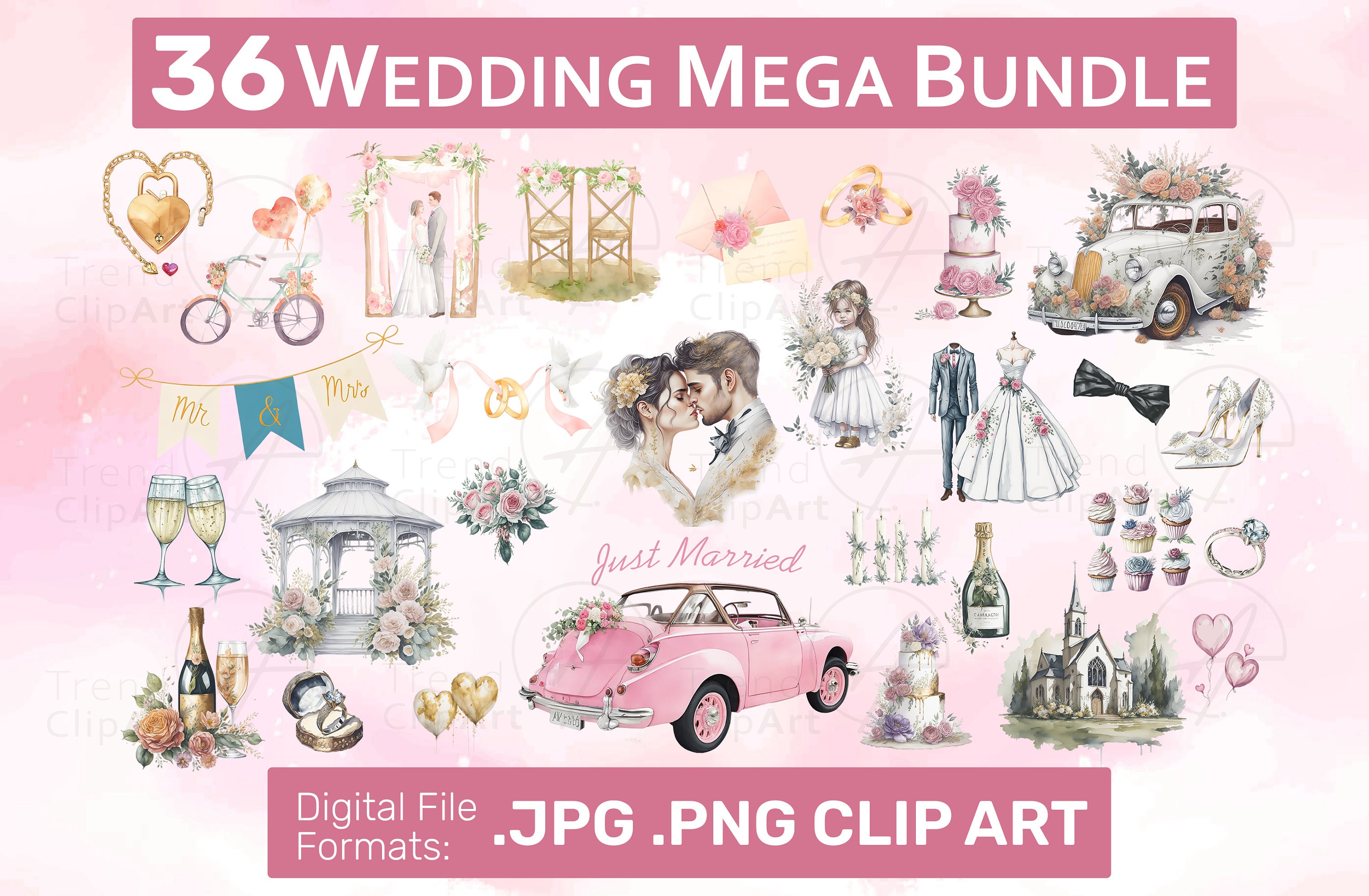 36 Watercolor Wedding Clipart Mega Bundle, Wedding Elements, Wedding ...