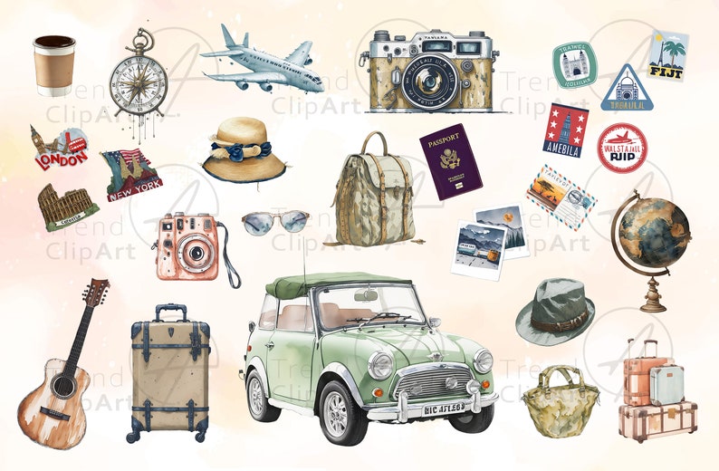 20 Watercolor Travel Clipart Bundle, Summer Clipart, Holiday Clipart ...