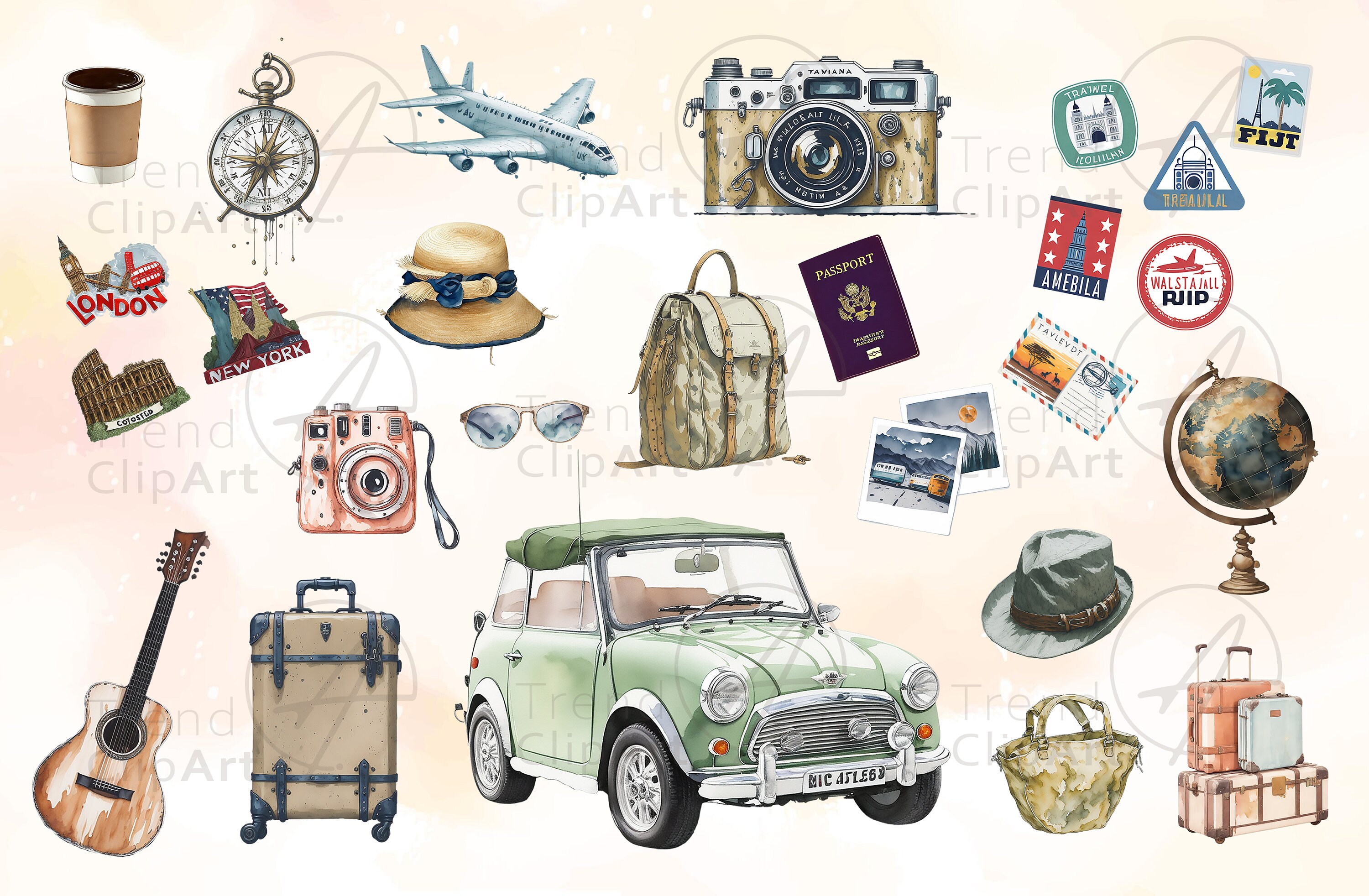 20 Watercolor Travel Clipart Bundle, Summer Clipart, Holiday Clipart ...