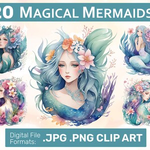 20 Watercolor Magical Mermaid Clipart Bundle, Mystical Clipart, Floral ...