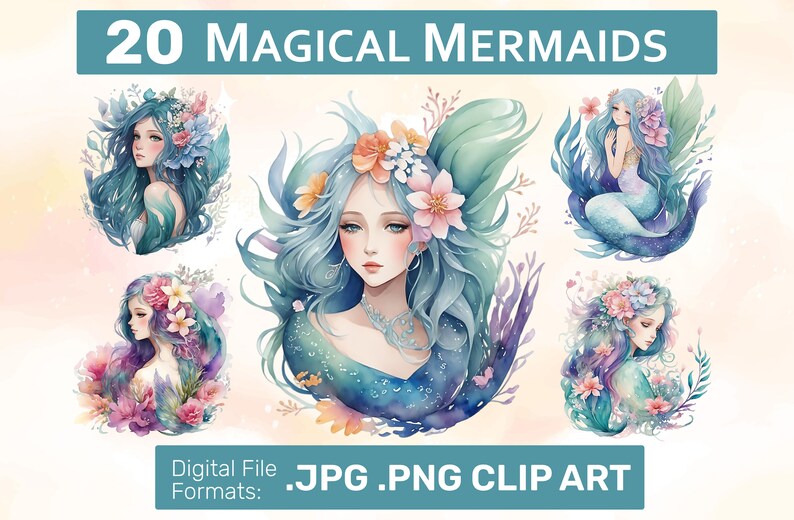20 Watercolor Magical Mermaid Clipart Bundle Mystical - Etsy
