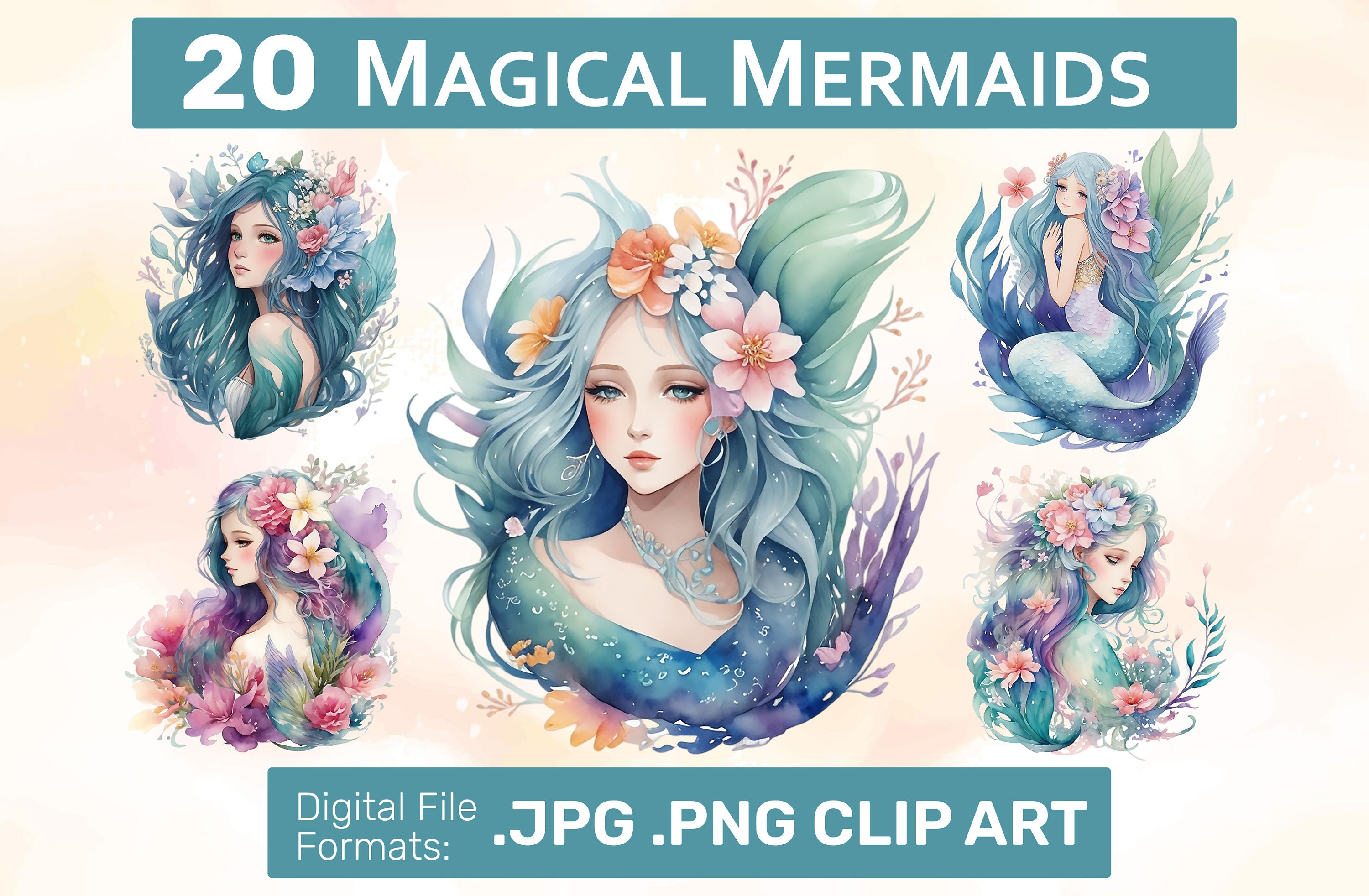 20 Watercolor Magical Mermaid Clipart Bundle, Mystical Clipart, Floral ...