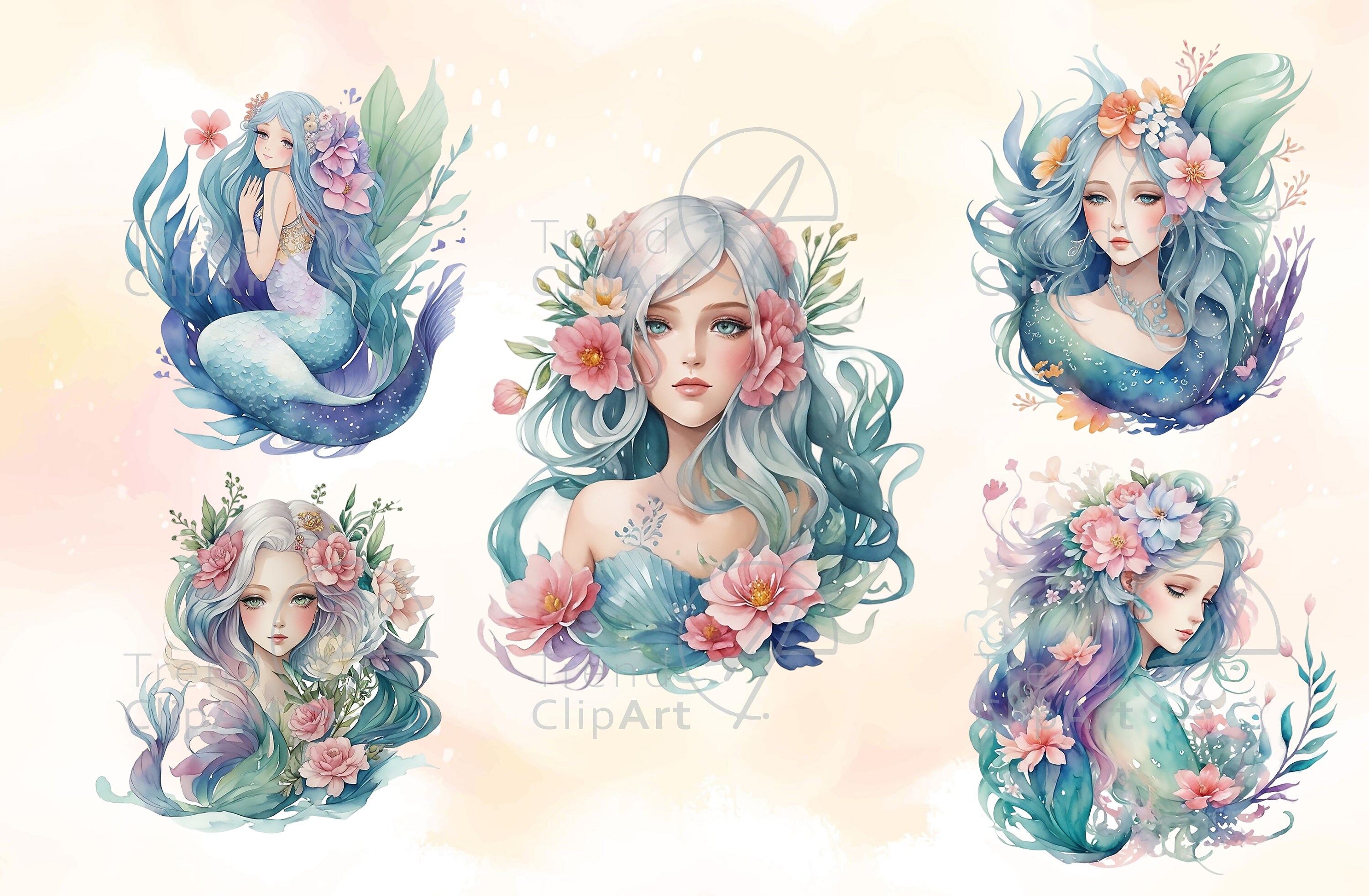 20 Watercolor Magical Mermaid Clipart Bundle, Mystical Clipart, Floral ...