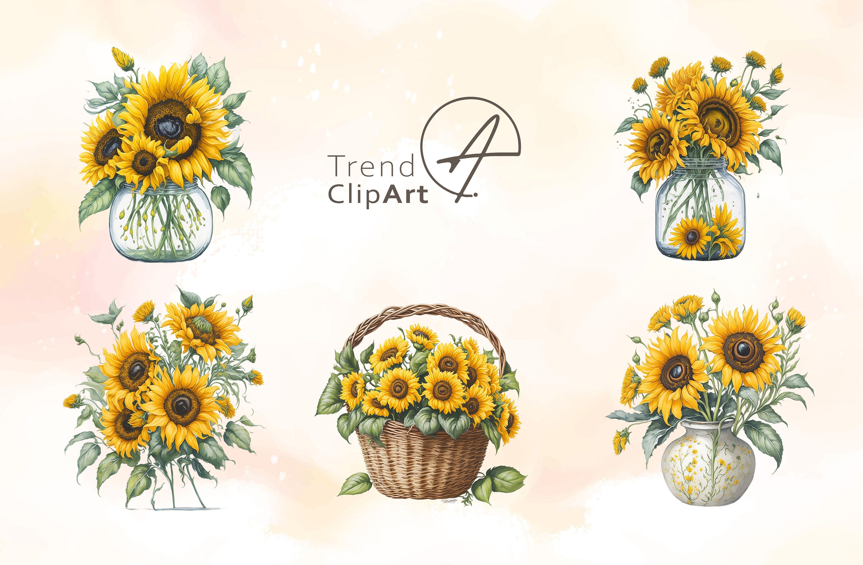 20 Watercolor Sunflowers Clipart Bundle, Sunflower Floral Bouquets ...