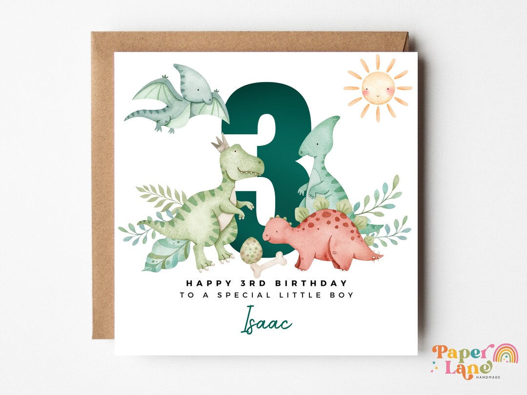 Personalised Dinosaur 3rd Birthday Card T-rex Green Dinosaur Dino ...