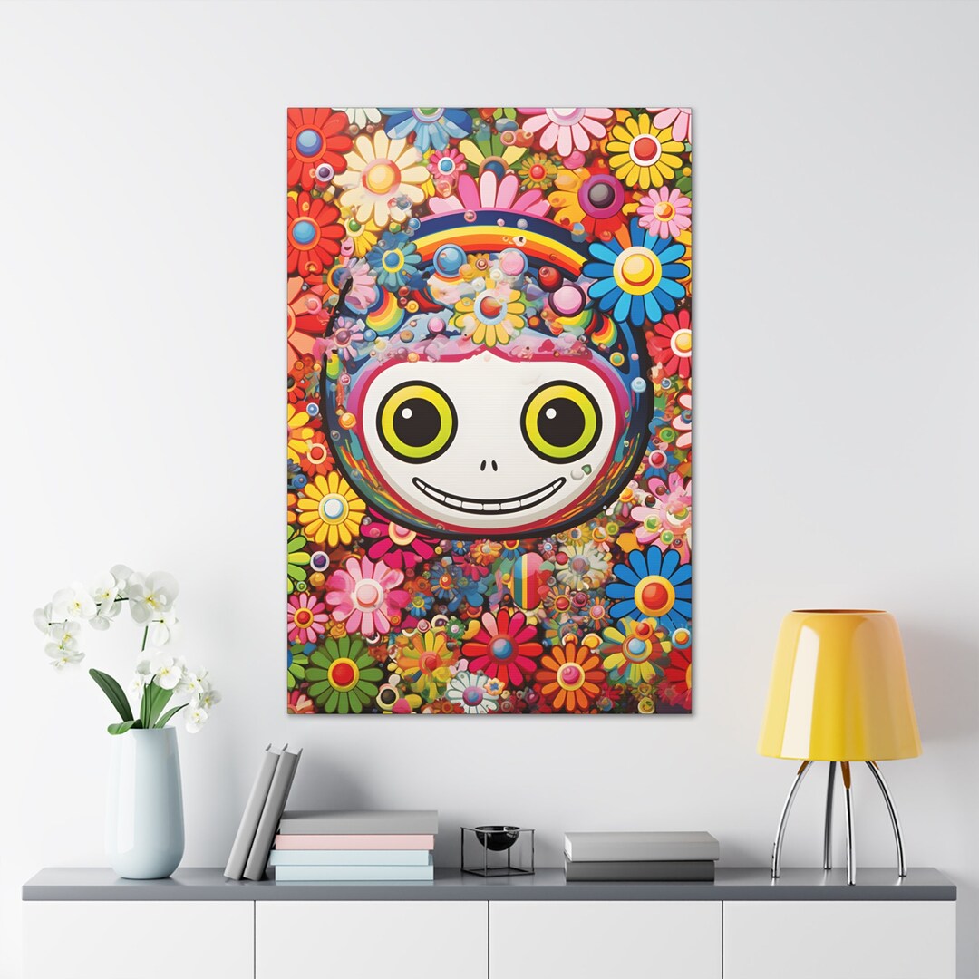 Takashi Murakami Abstract Canvas Art Floral Happy Face Cartoon Art ...