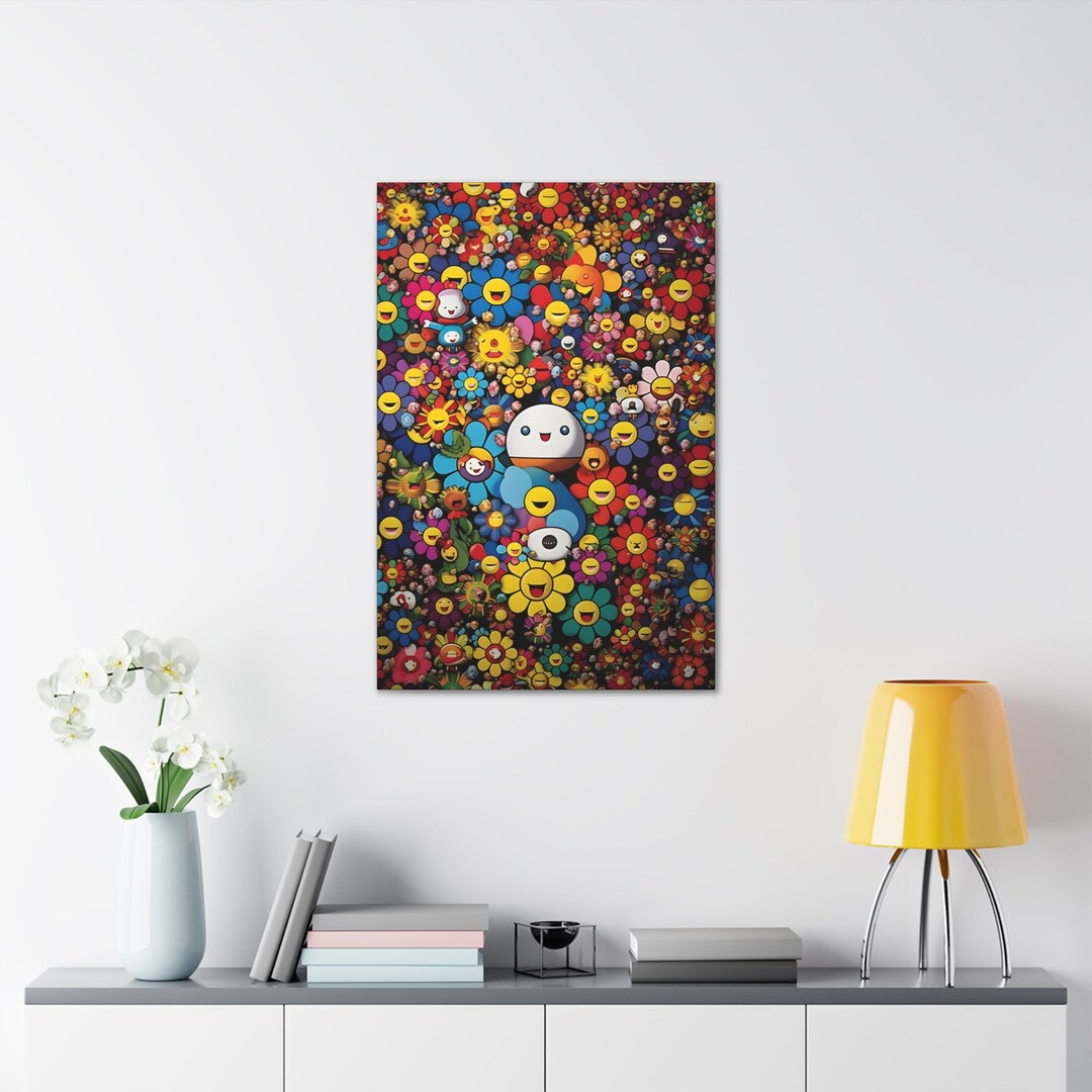 Takashi Murakami Abstract Canvas Art Floral Happy Face Cartoon Art ...